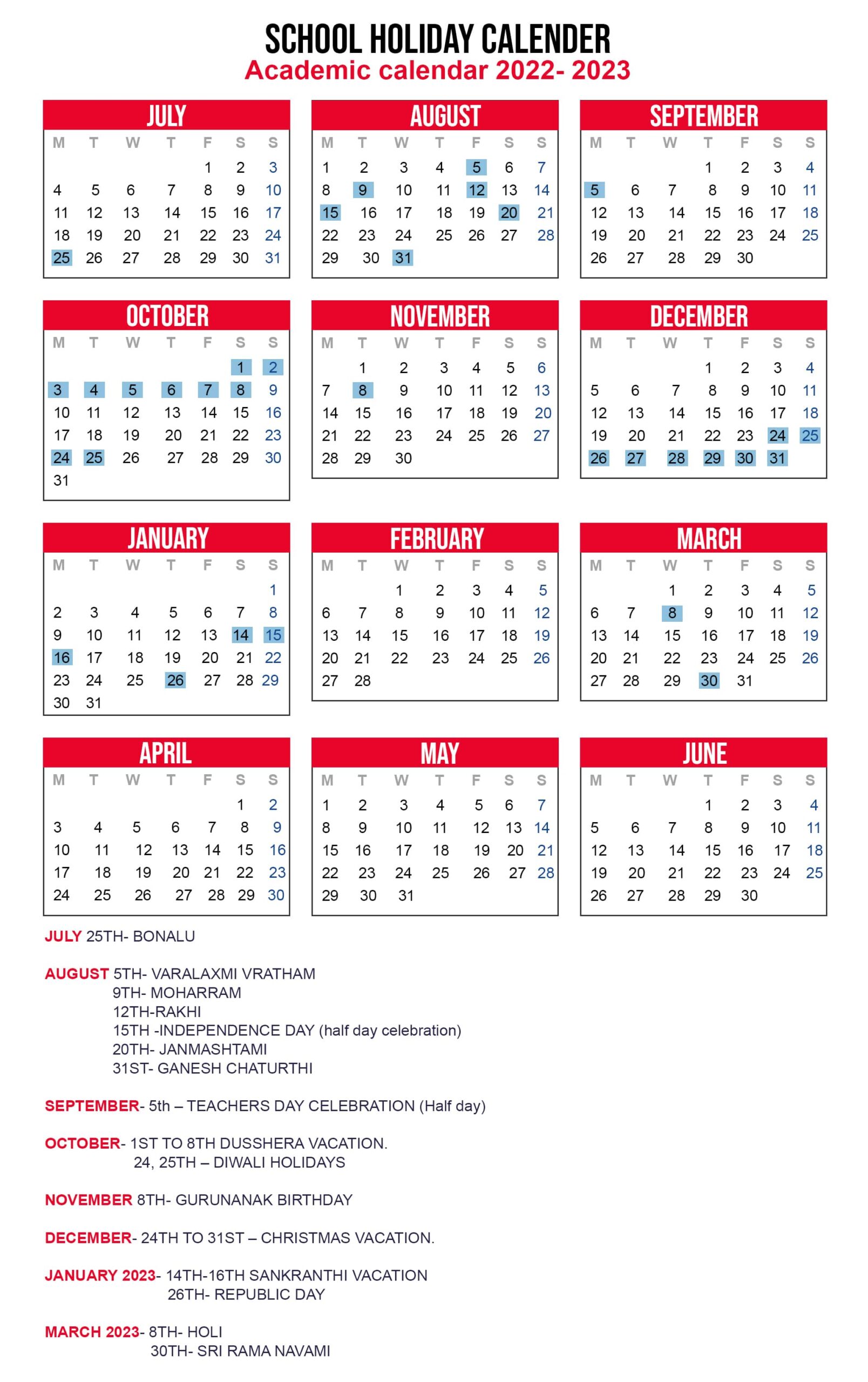 Academic Calender – Siate Felici